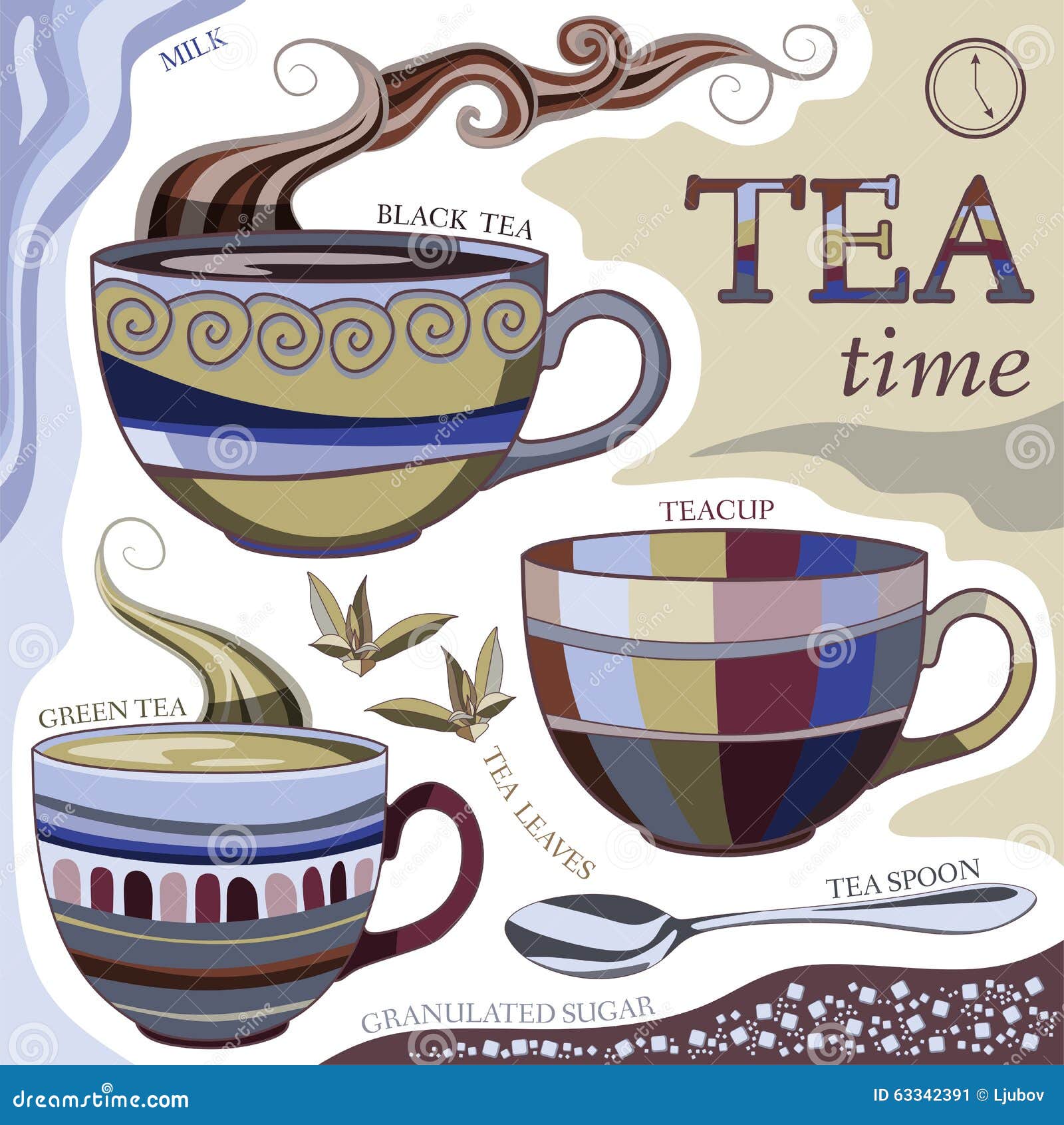 Tea Time. Vector Illustration with Cups of Aromatic Tea Stock Vector ...