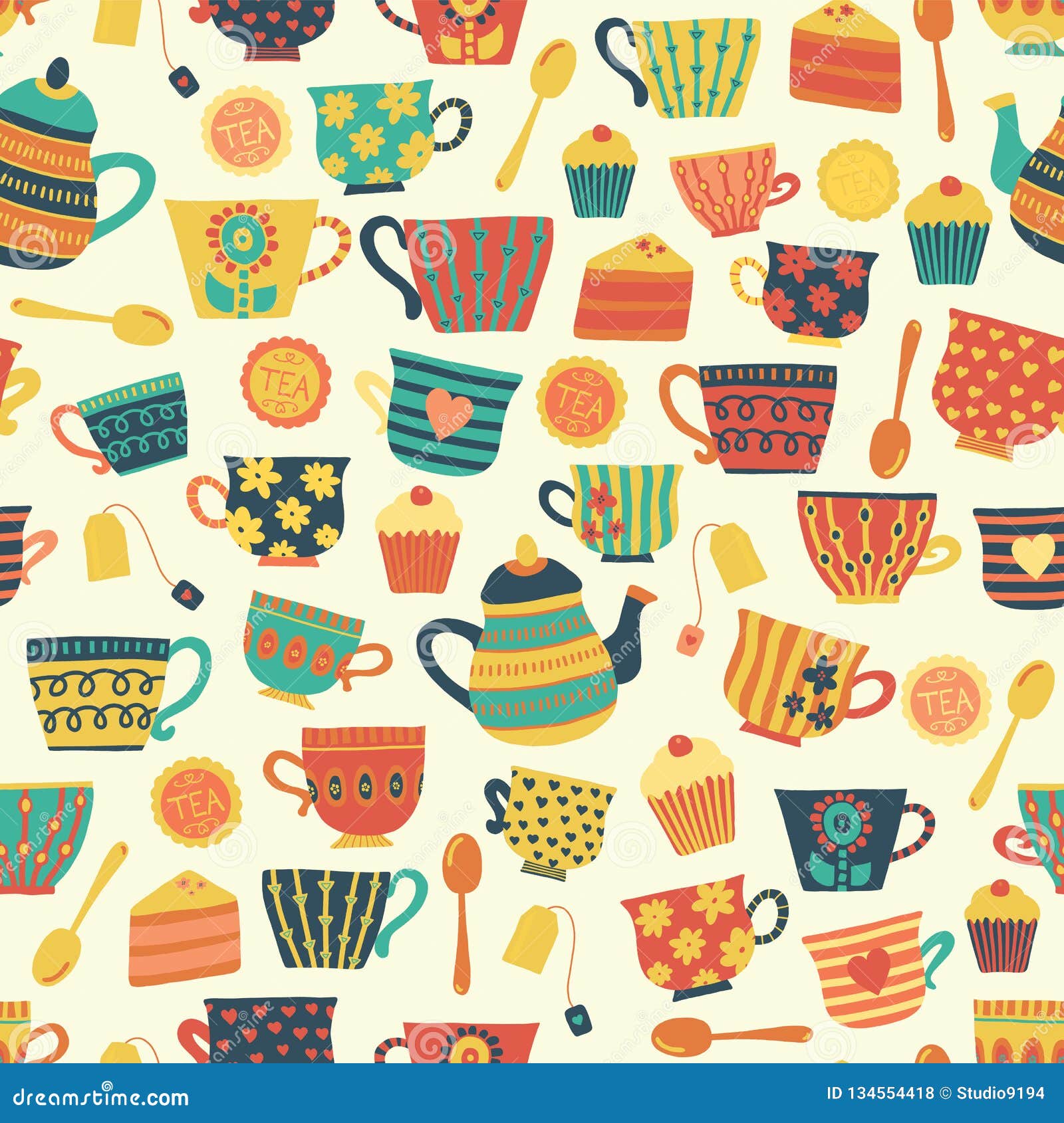 Tea Time Vector Seamless Pattern Background Beige Stock Vector ...