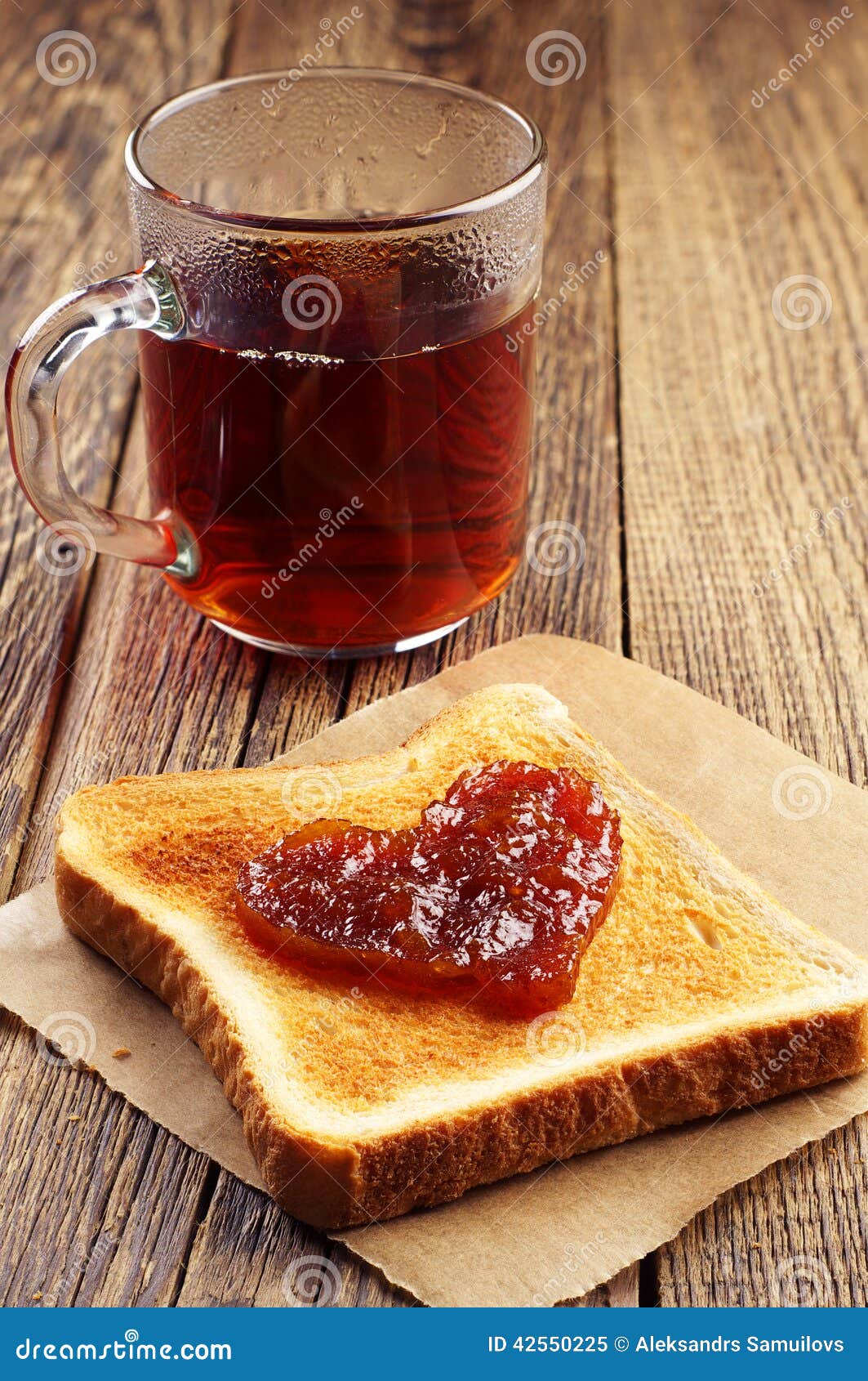 Tea and Toast Bread with Jam in Shape of Hearts Stock Image - Image of ...