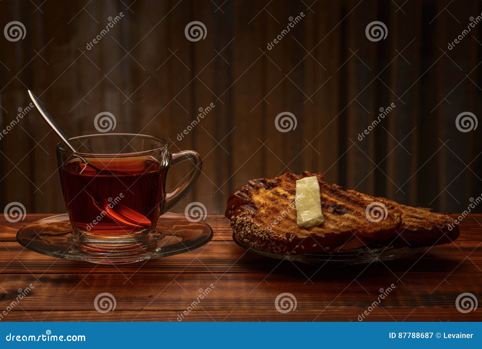 Tea and Toast on a Wooden Background Stock Image - Image of portion ...