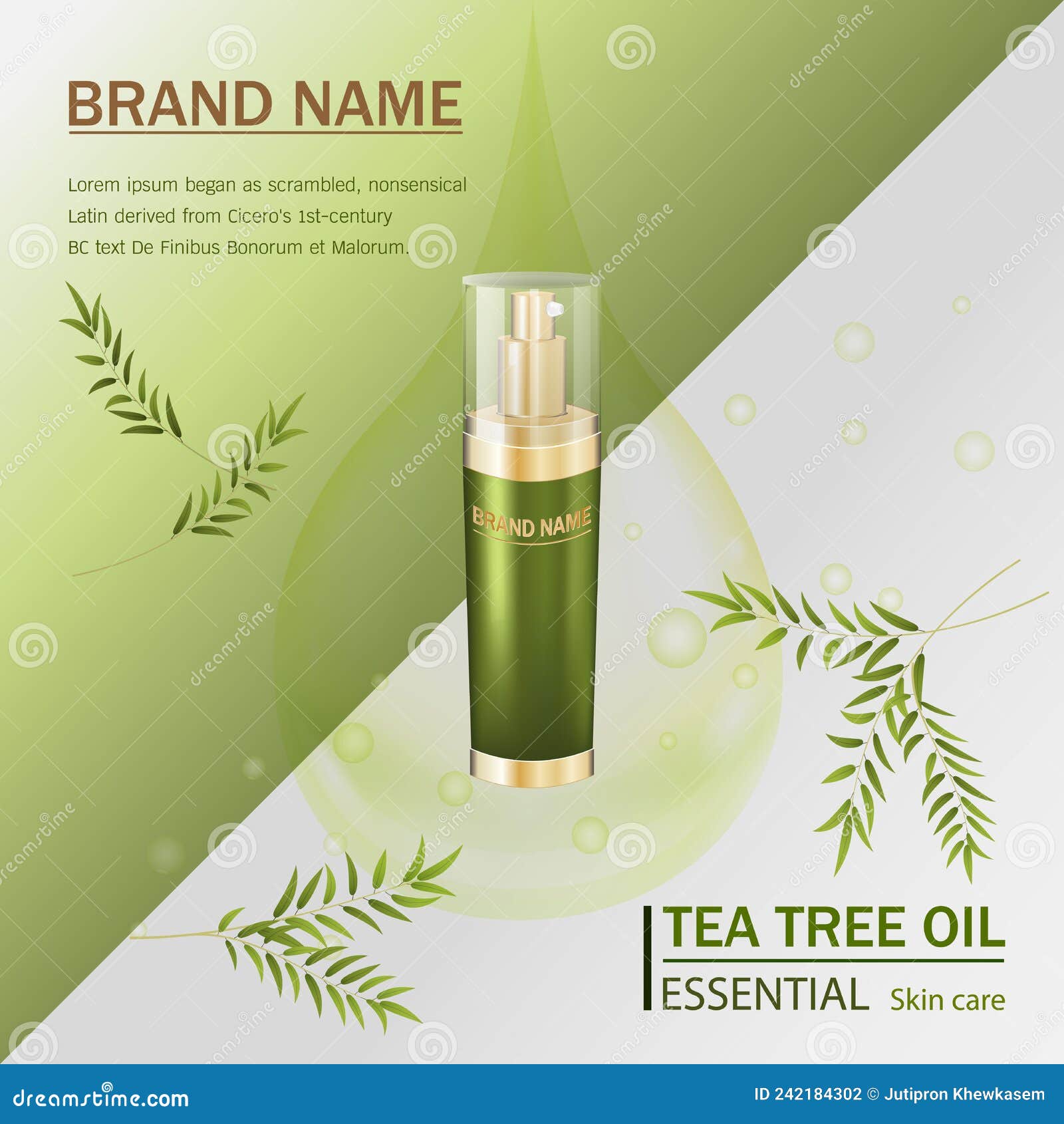 Tea Tree Essential Oil. Amber Glass Dropper Bottle And Melaleuca ...