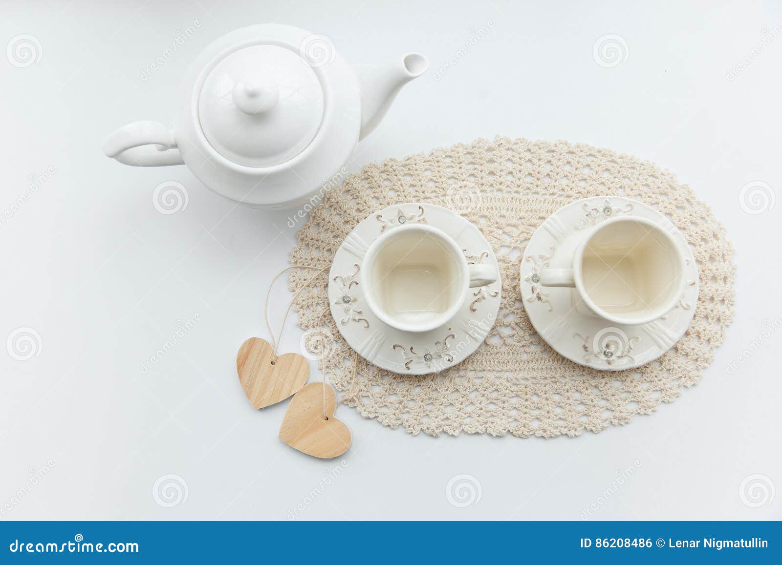 Tea for Two. Two White Cups of Tea with Two Hearts and Kettle. Stock ...