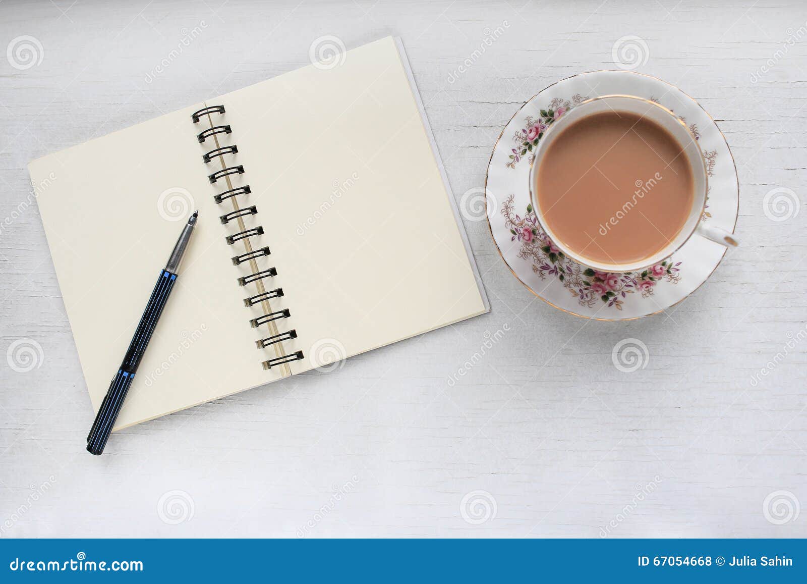 Tea in a Vintage Cup and Saucer, and Notebook with Blank Pages. Stock ...