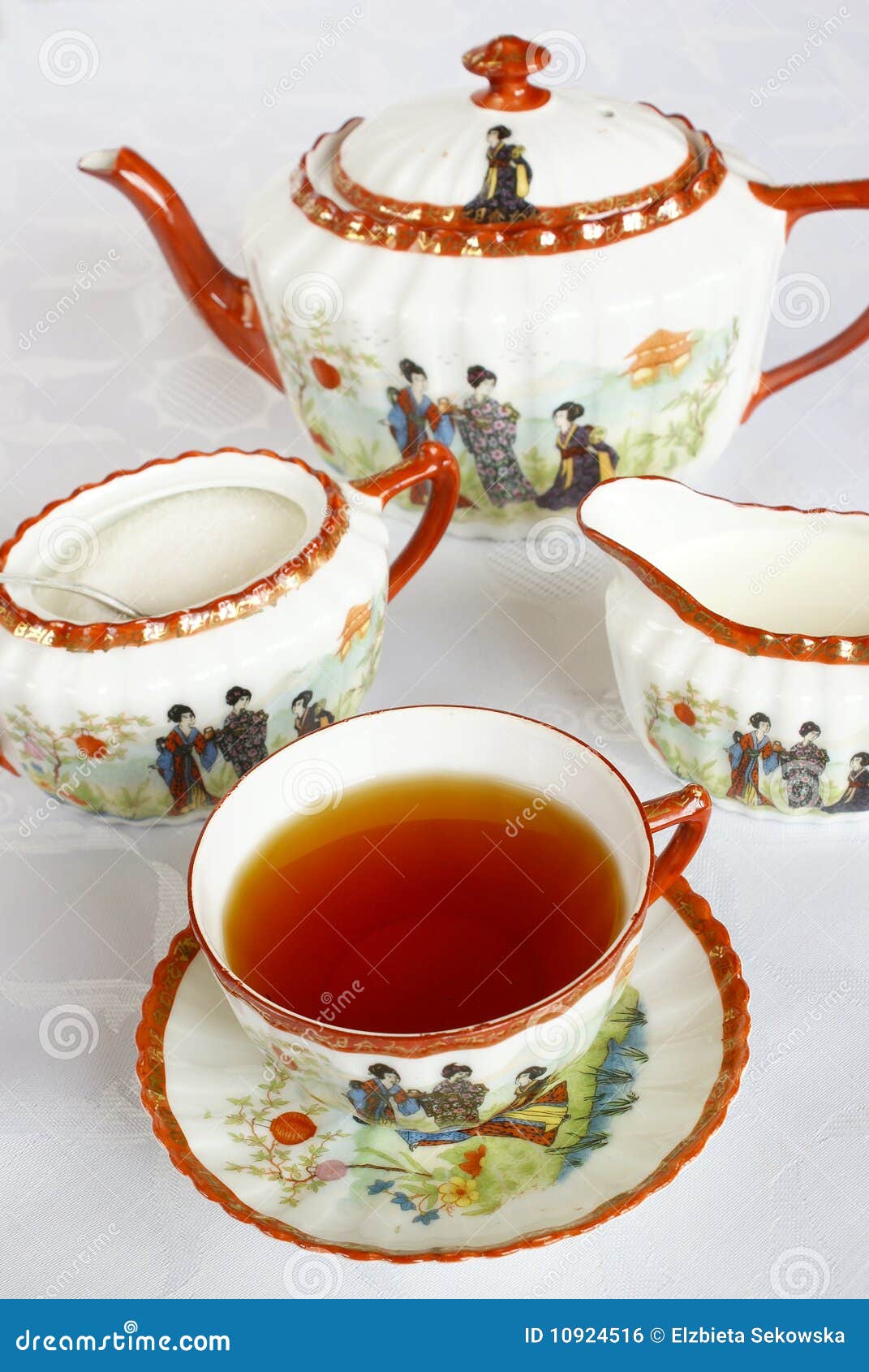 Tea in vintage tea set stock photo. Image of bowl, table - 10924516