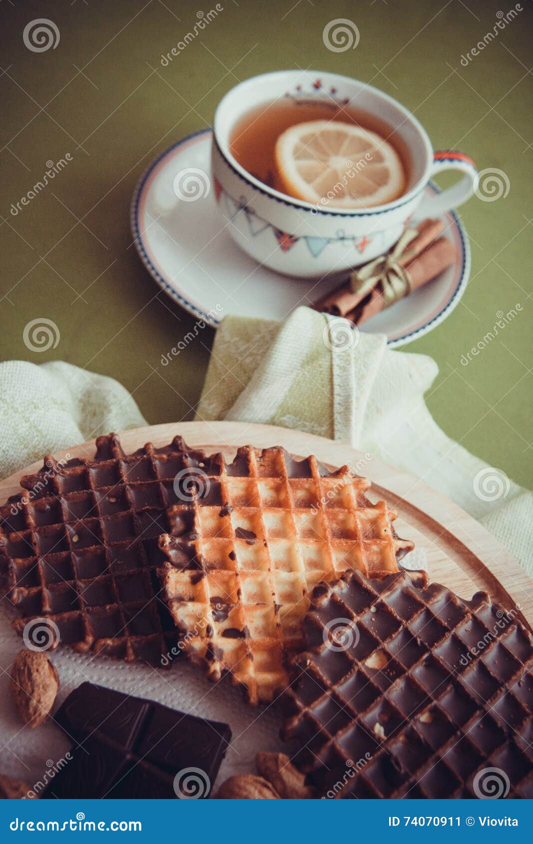 Tea and waffles with choco stock image. Image of napkin - 74070911