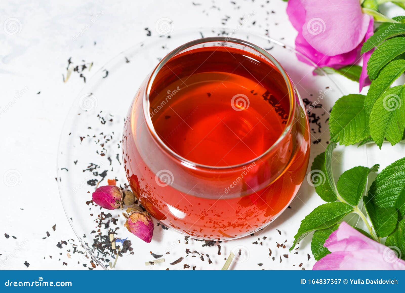 Tea with Wild Rose in a Glass Cup on a White Background, Top View Stock ...