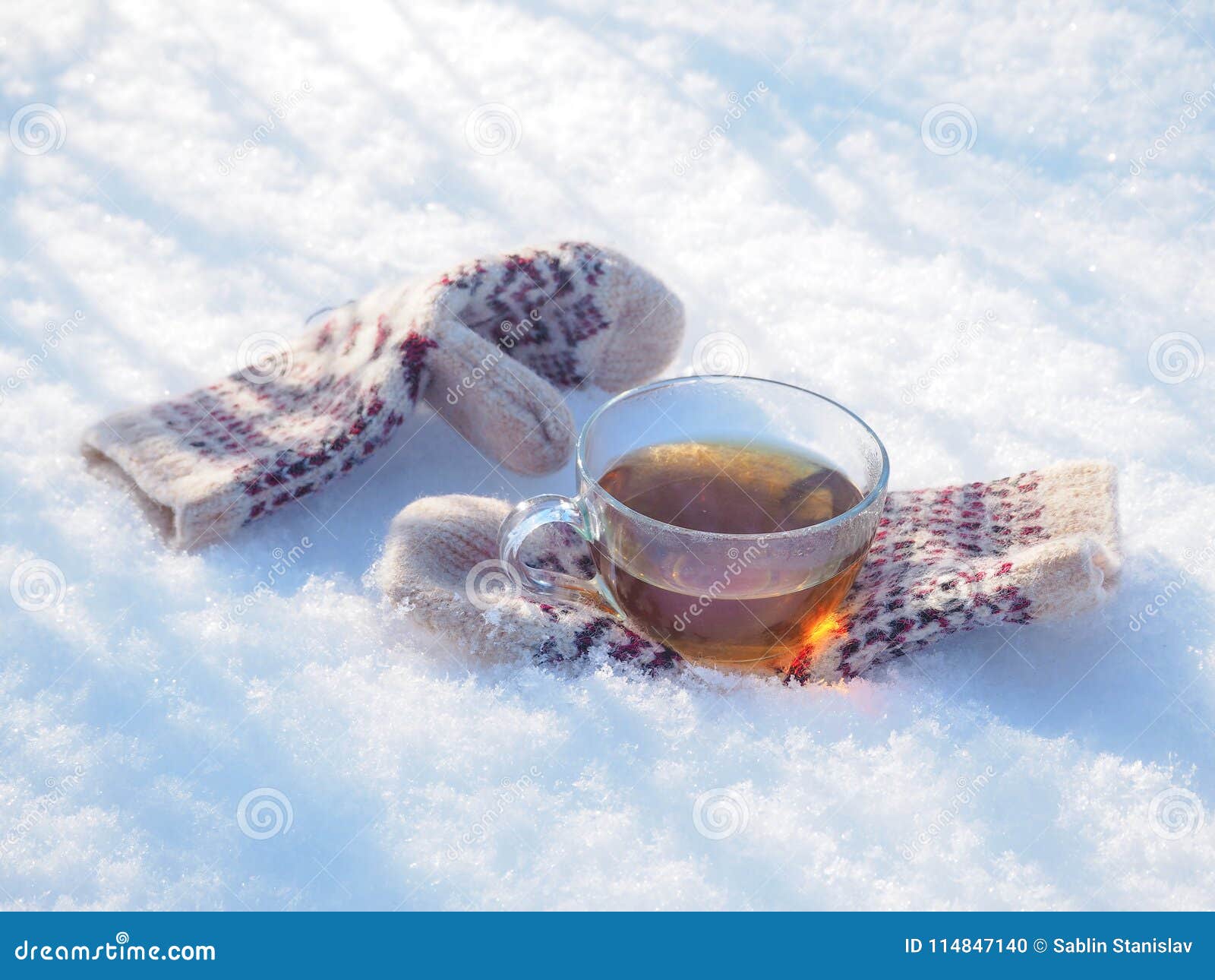 Tea in the Winter Forest. a Pretty Woman Drinks Tea in Cold Weather ...