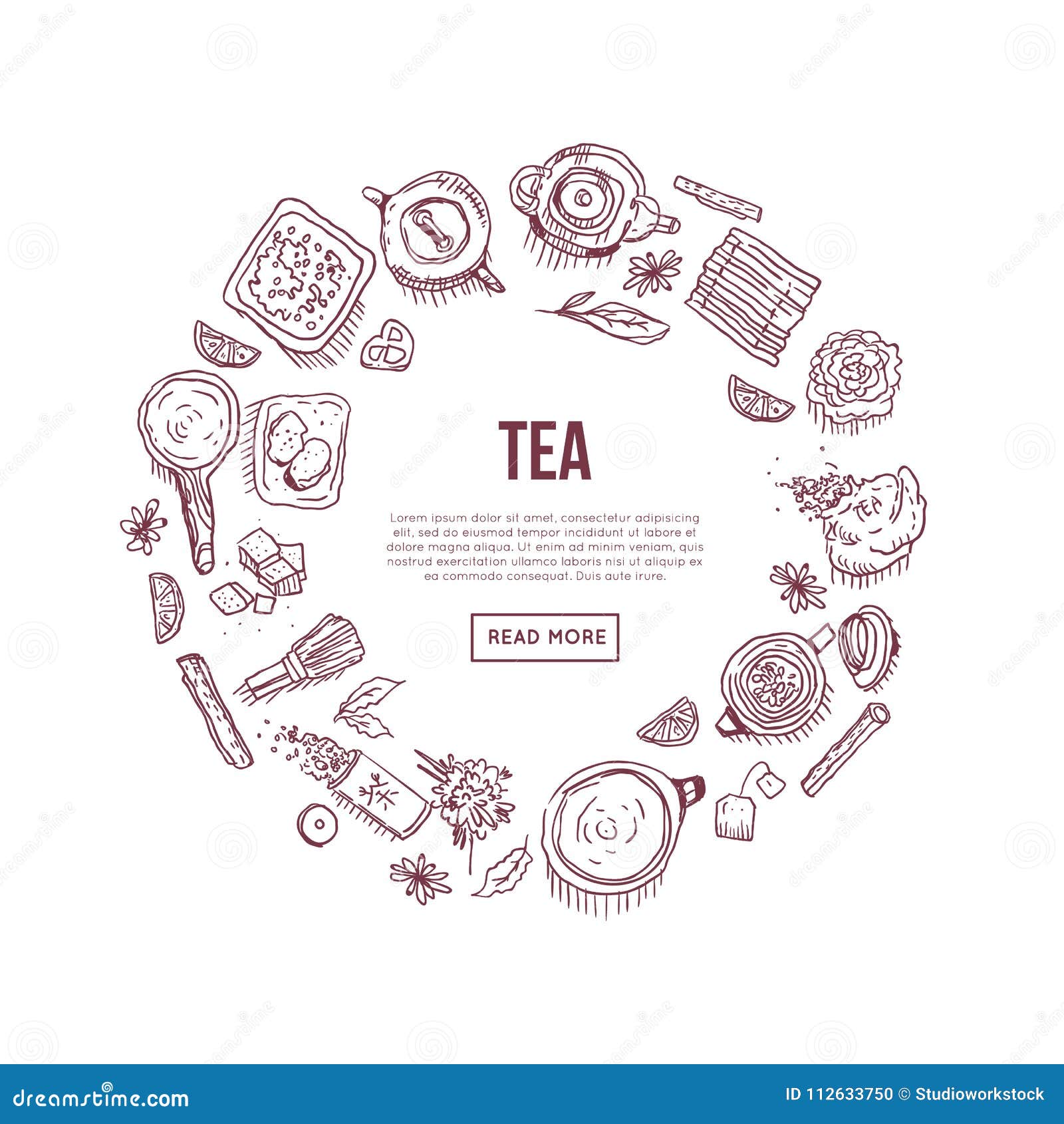 Tea word in utensils stock vector. Illustration of menu - 112633750