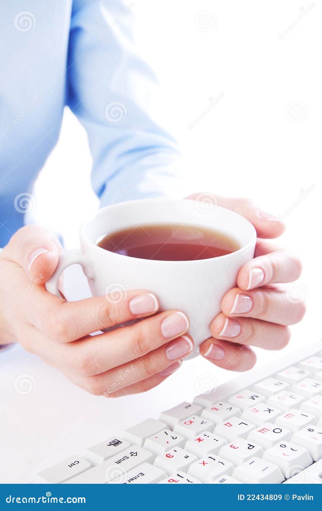 Tea at work stock image. Image of blue, background, keyboard - 22434809
