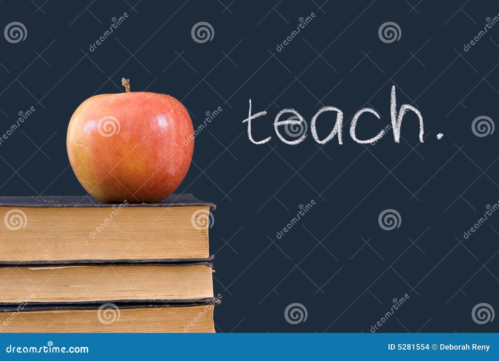 Teach Written on Blackboard with Apple and Books Stock Photo - Image of ...