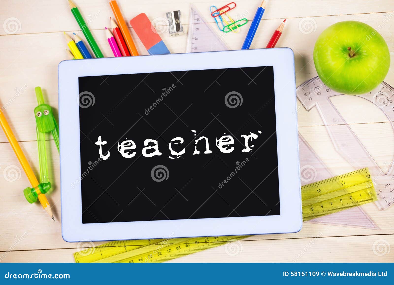 Teacher Against Students Table with School Supplies Stock Image - Image ...