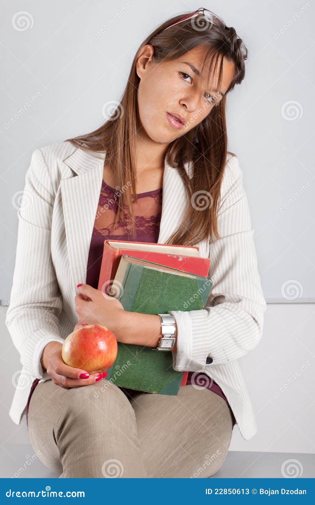 Teacher with Books and Apple Stock Image - Image of classroom ...
