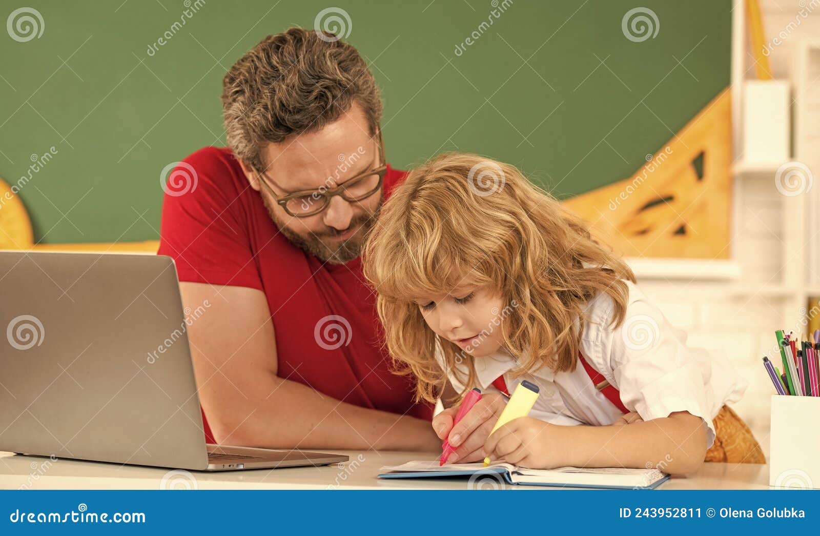Teacher and Child Study in Classroom with Laptop, Family Stock Image ...