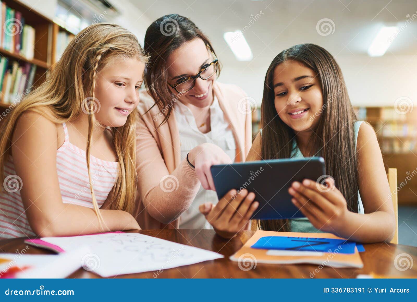 Teacher, Children and Digital with Tablet for Education, Elearning and ...