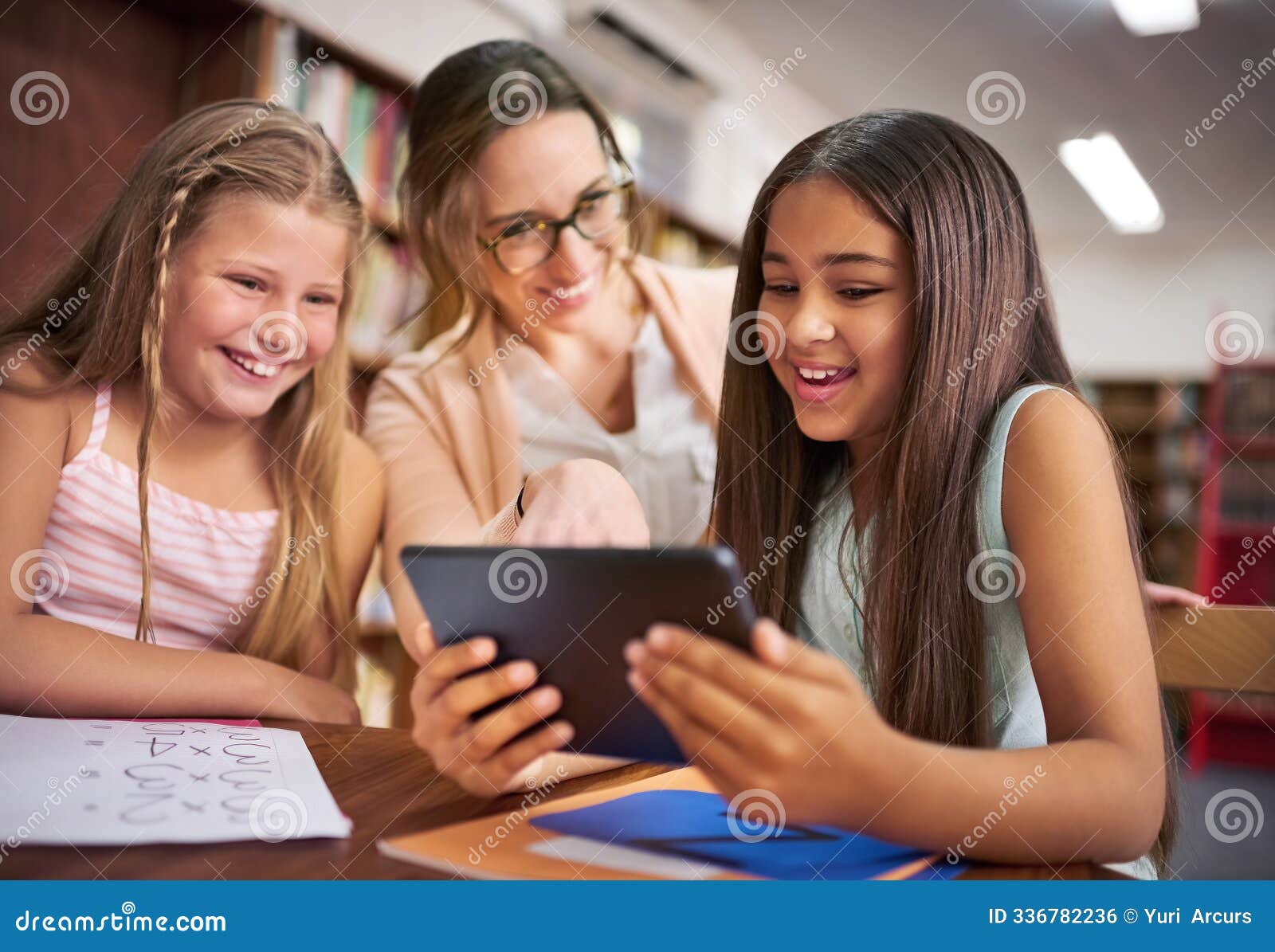 Teacher, Children and Online with Tablet for Education, Elearning and ...
