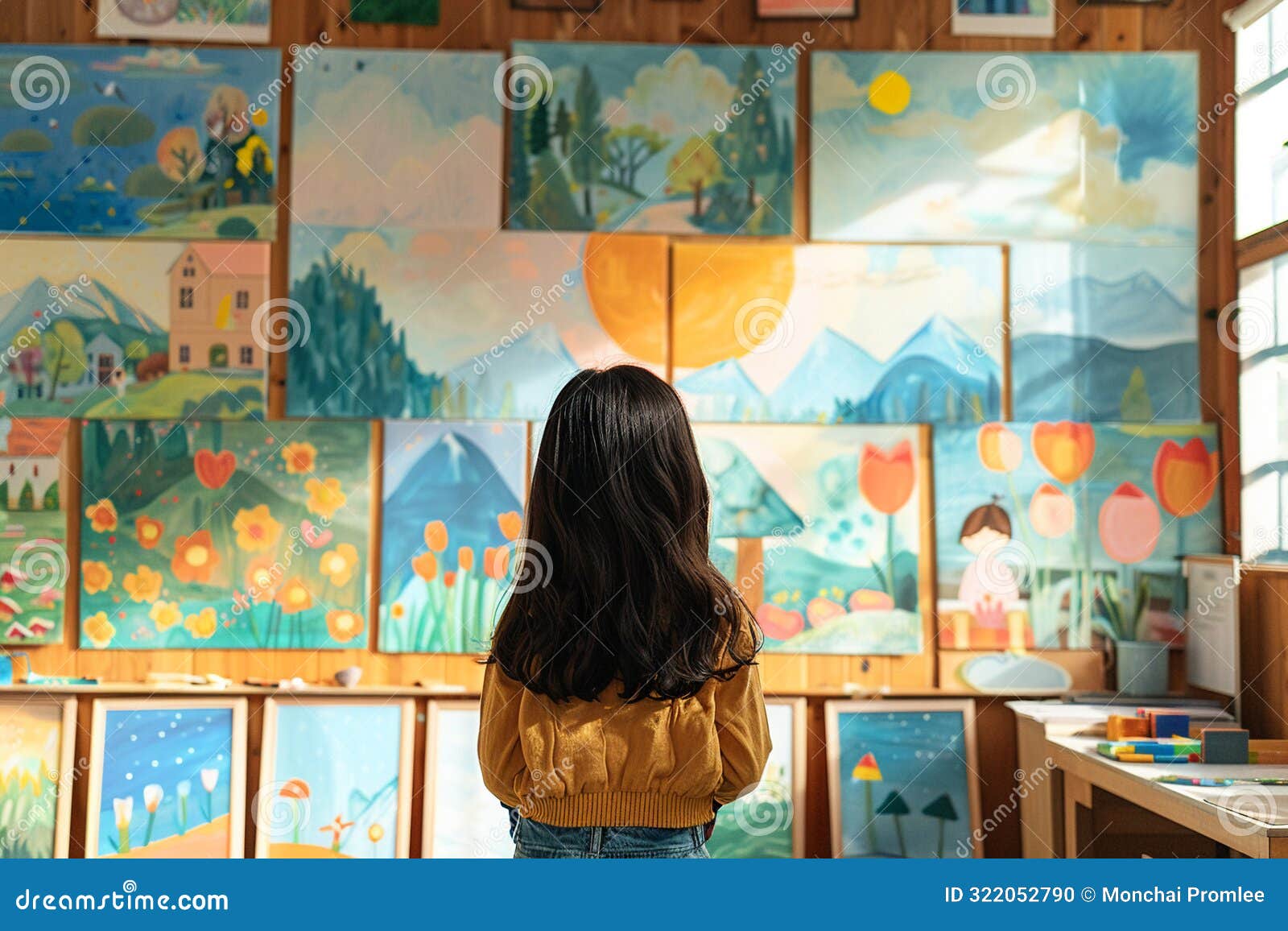 Teacher Decorating a Classroom with Student Artwork Flat Design Front ...