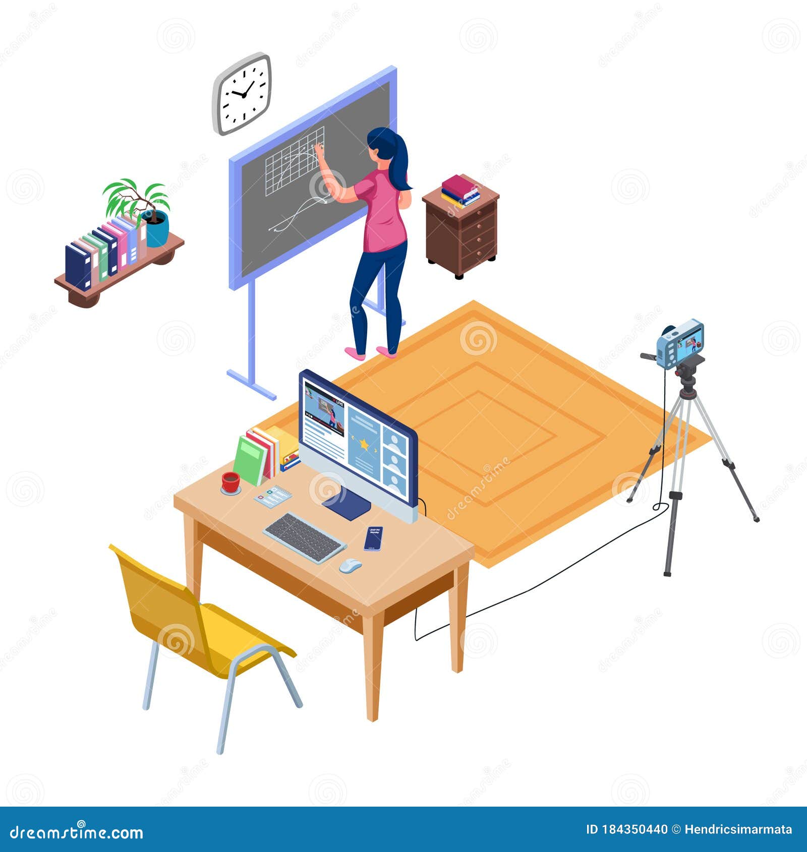 Teacher Do Online Learning and Write in the Blackboard. Set of Live ...