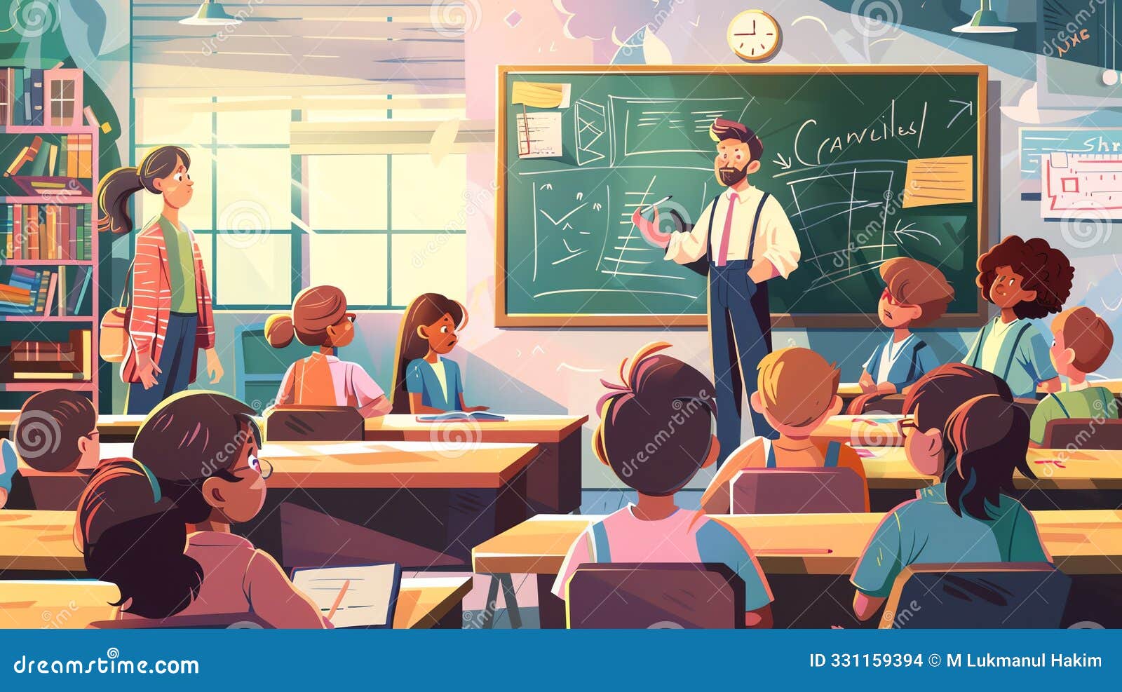 Teacher Explaining a Lesson on the Board in a Bright Classroom Full of ...