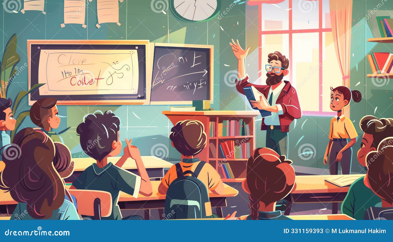 Teacher Explaining Math Equation To Students in a Colorful Classroom ...