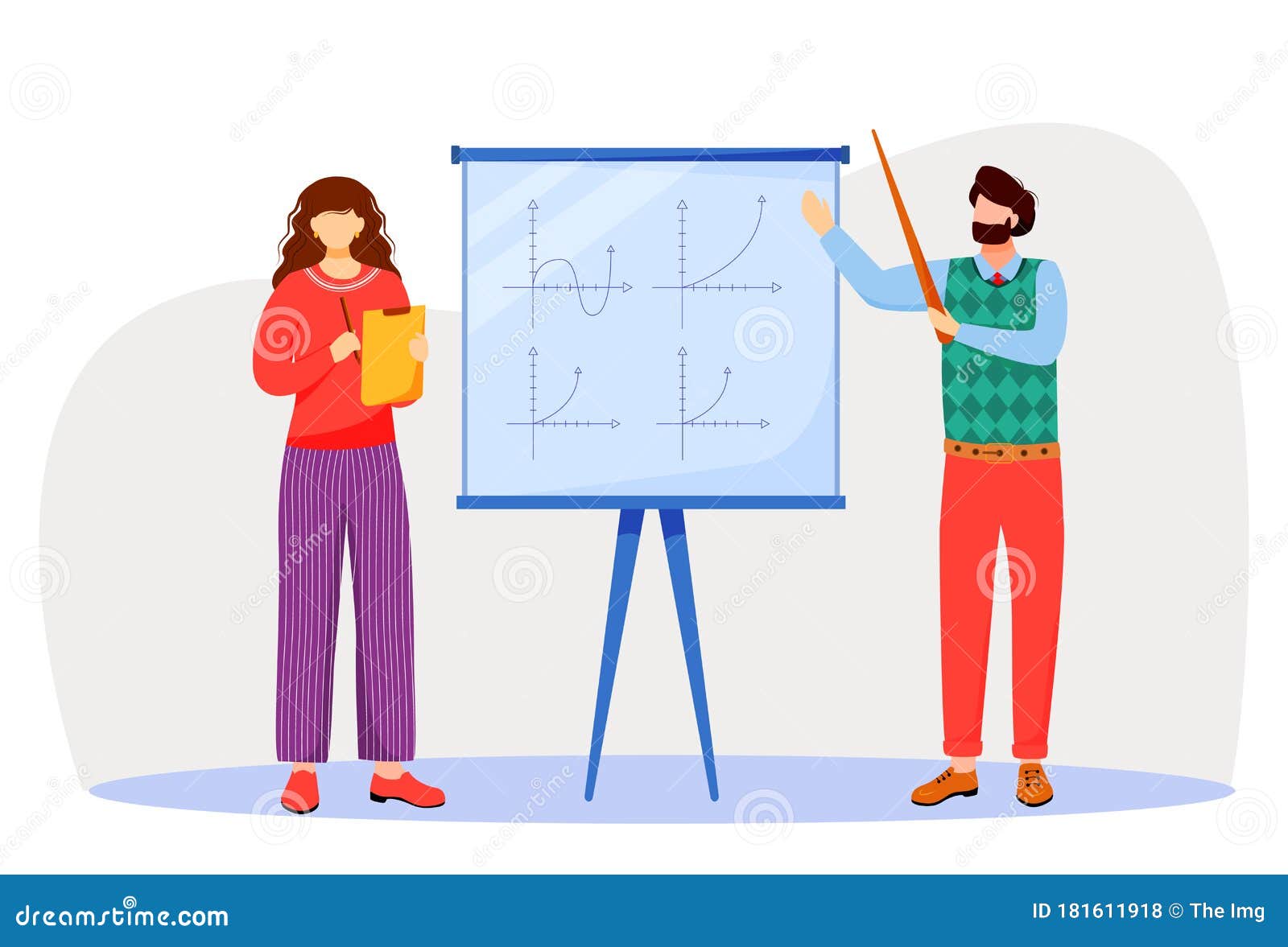 Teacher Explains Math Graphs on Whiteboard Flat Vector Illustration ...