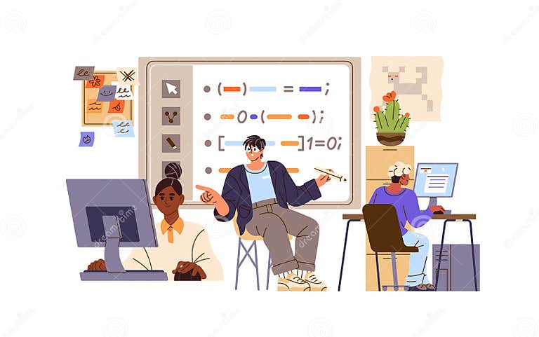 Teacher Explains Programming To Pupils in Computer Science Class ...