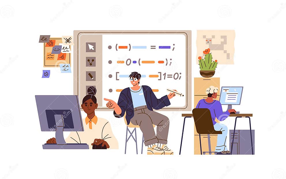 Teacher Explains Programming To Pupils in Computer Science Class. Programmer Teaches Kids To ...