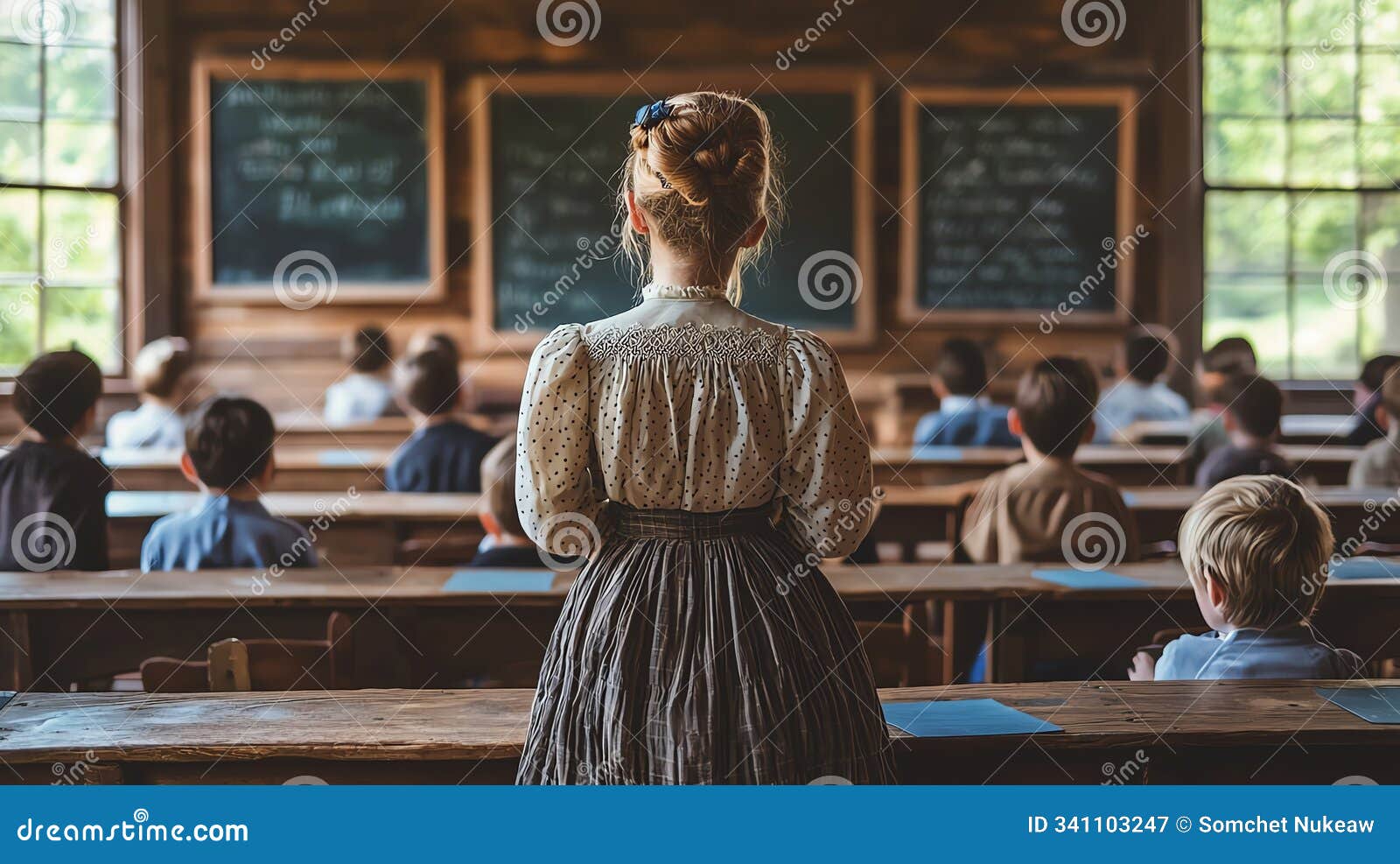 Teacher Facing Students in a Vintage Classroom Setting Stock ...