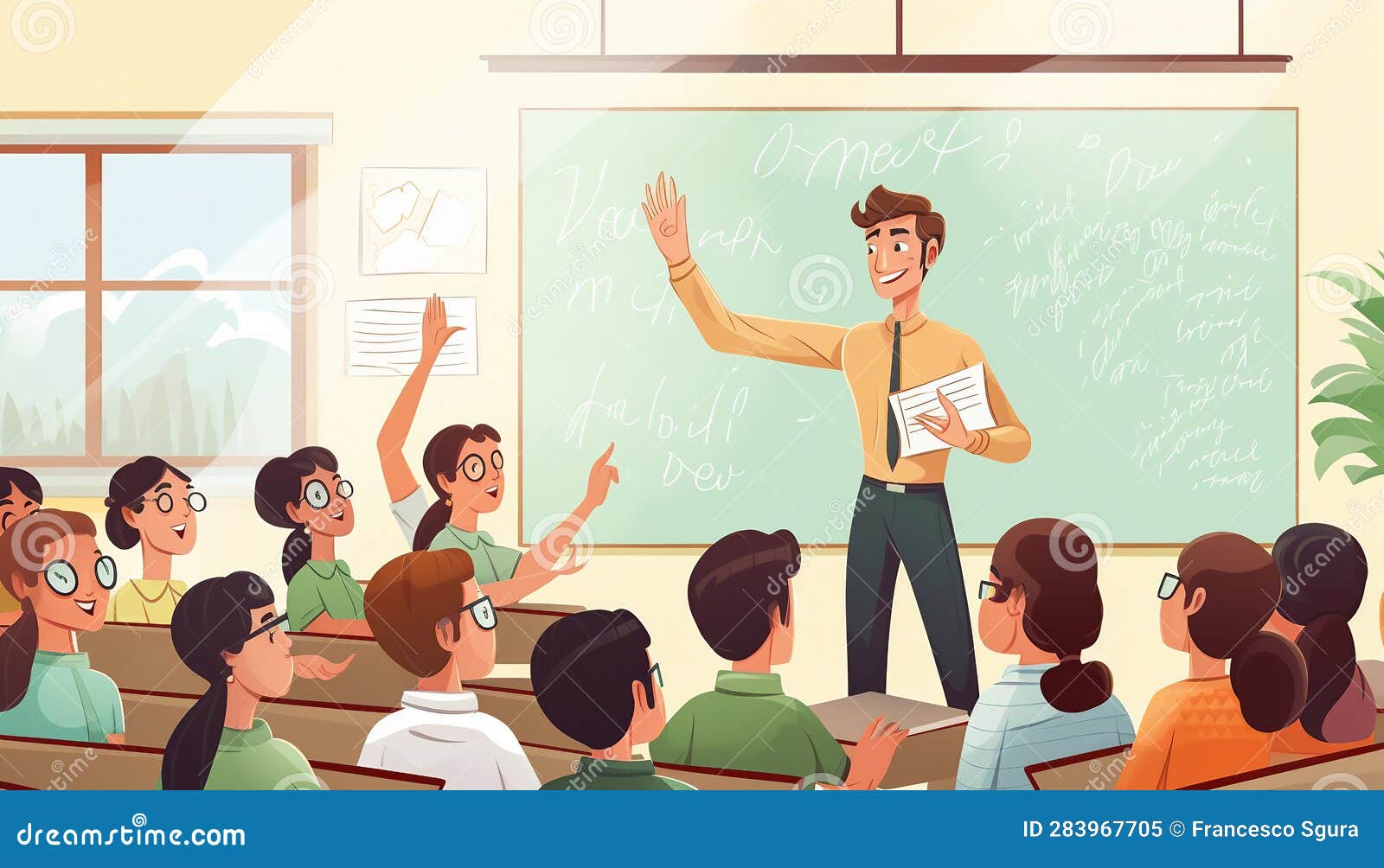 Teacher at the Front of the Classroom, Leading a Lesson with Enthusiasm ... Teacher at the Front of the Classroom, Leading a Lesson with Enthusiasm ...