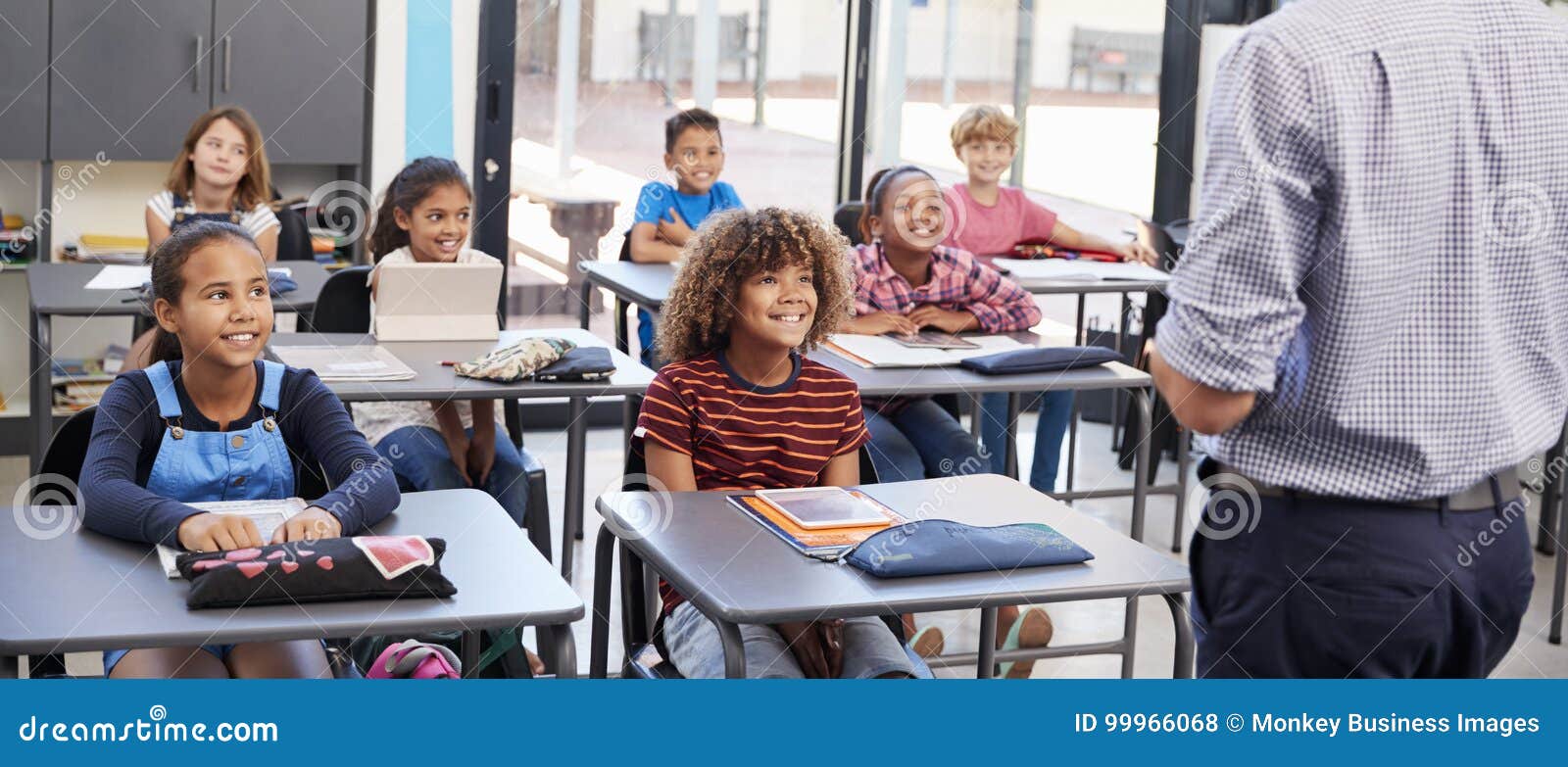 Teacher in Front of School Class, Back View, Panoramic Stock Photo ...