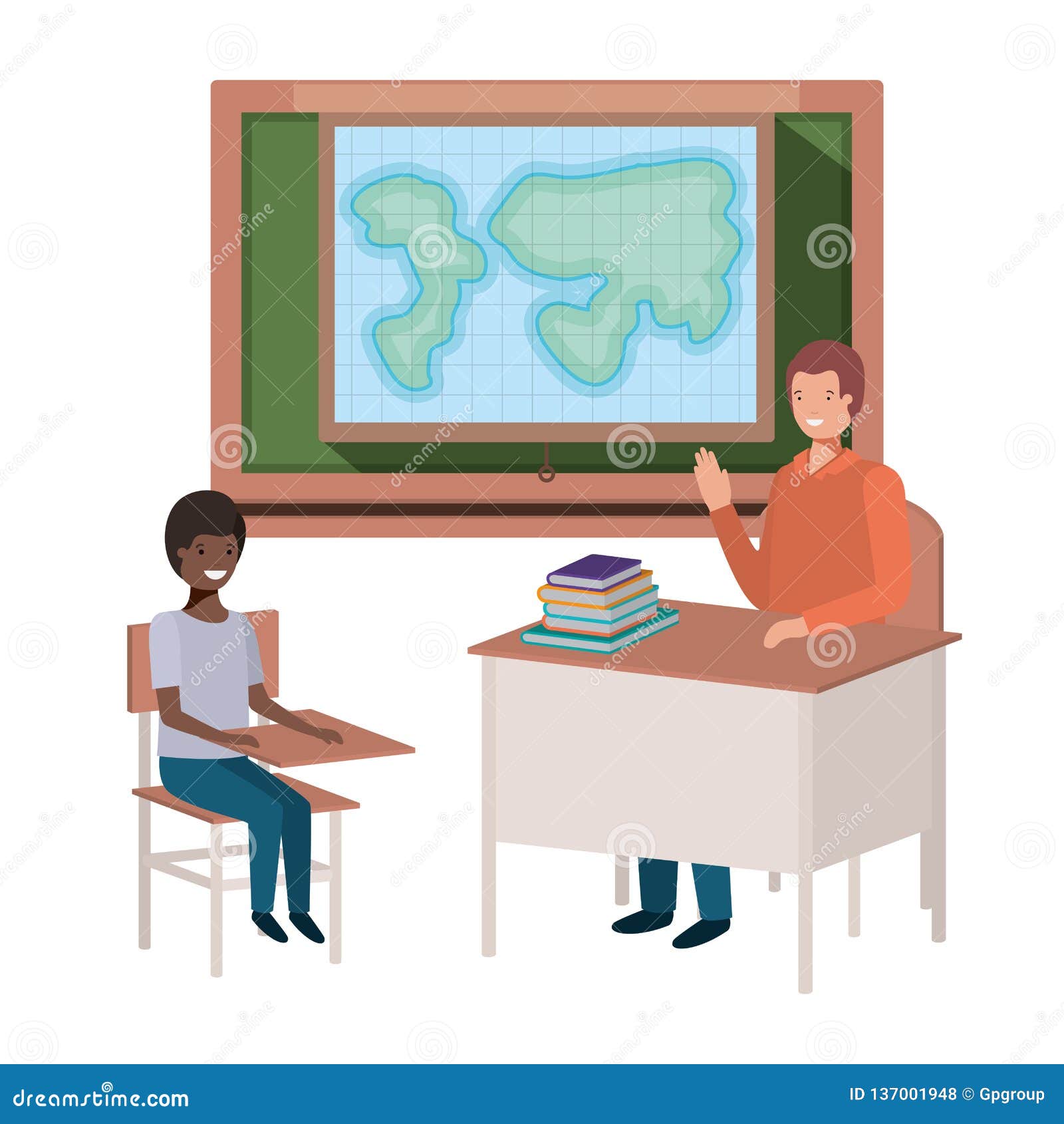 Geography Class, Teacher And Pupils In Room. Schoolboy Showing Country ...