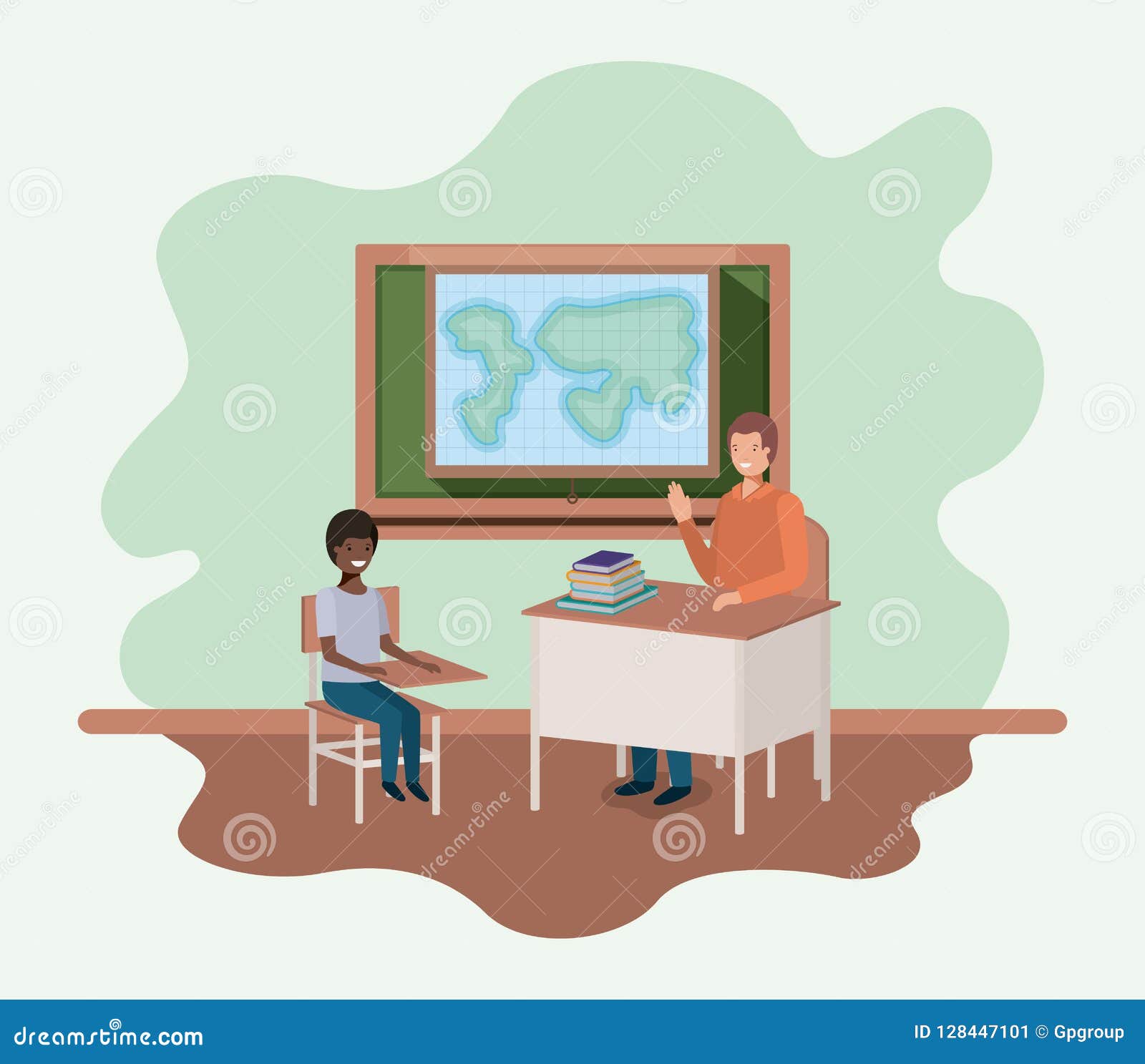 Geography Class, Teacher And Pupils In Room. Schoolboy Showing Country ...