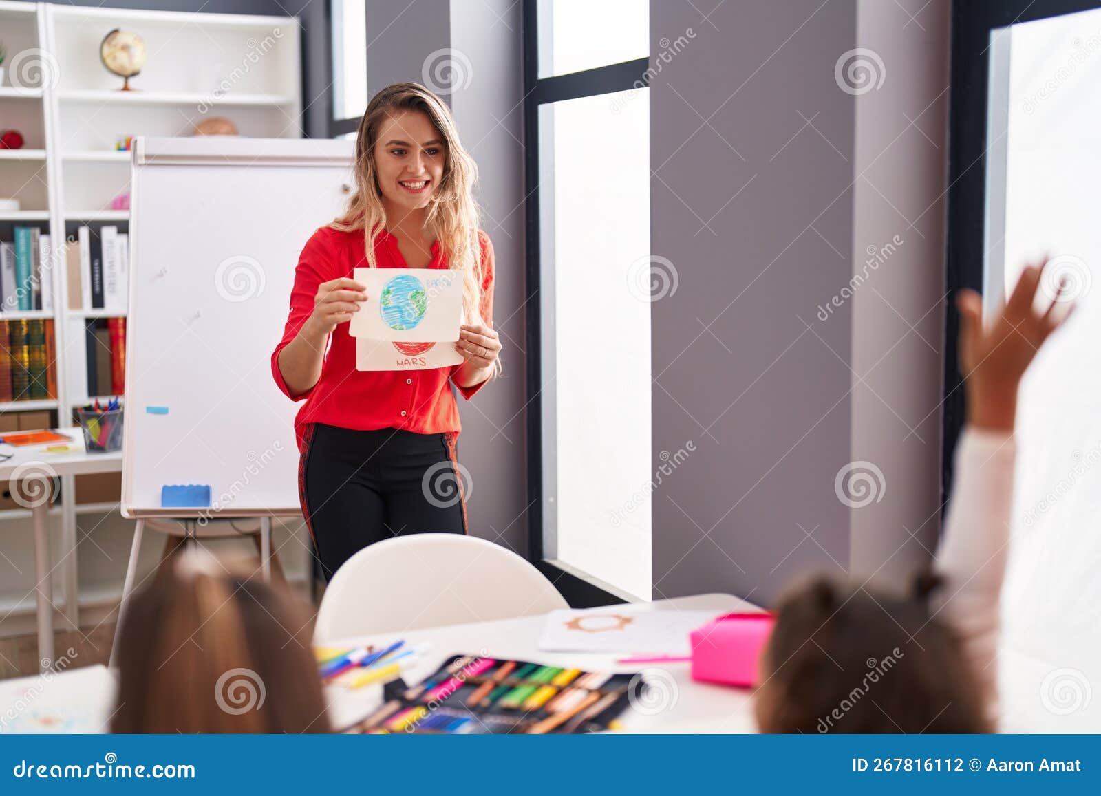 Teacher with Girls Having Space Lesson at Classroom Stock Photo - Image ...