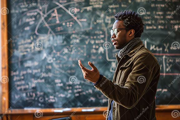 A Teacher Giving an Engaging Lecture in Front of a Chalkboard Covered ...