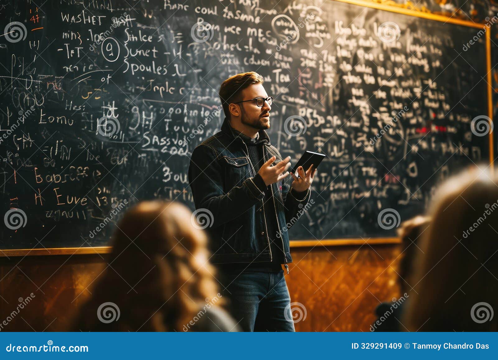 A Teacher Giving an Engaging Lecture in Front of a Chalkboard Covered ...