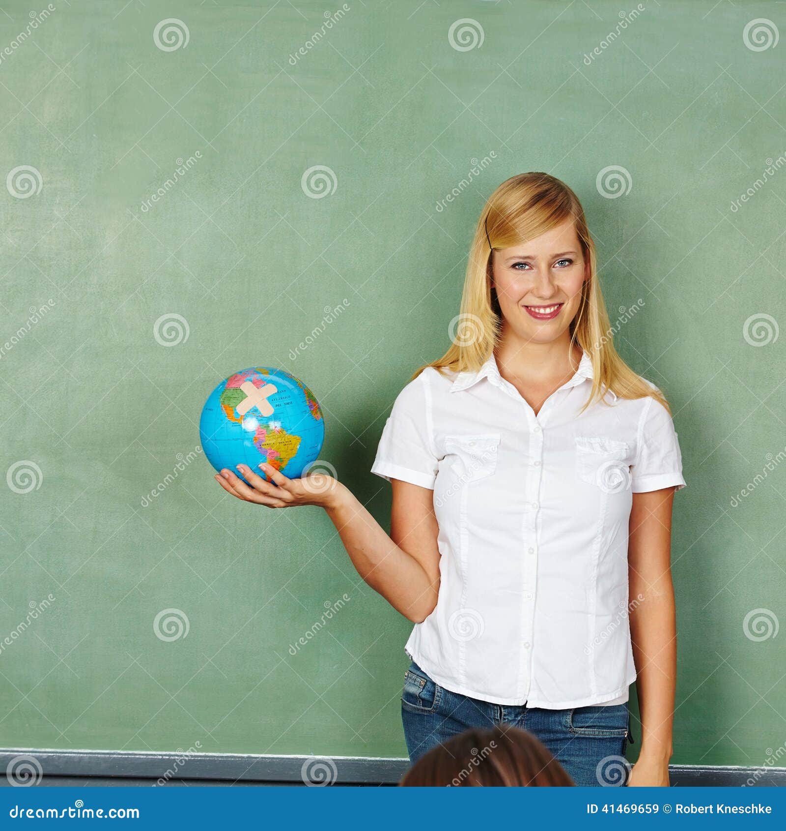 Teacher with Globe in School Class Stock Image - Image of globe ...