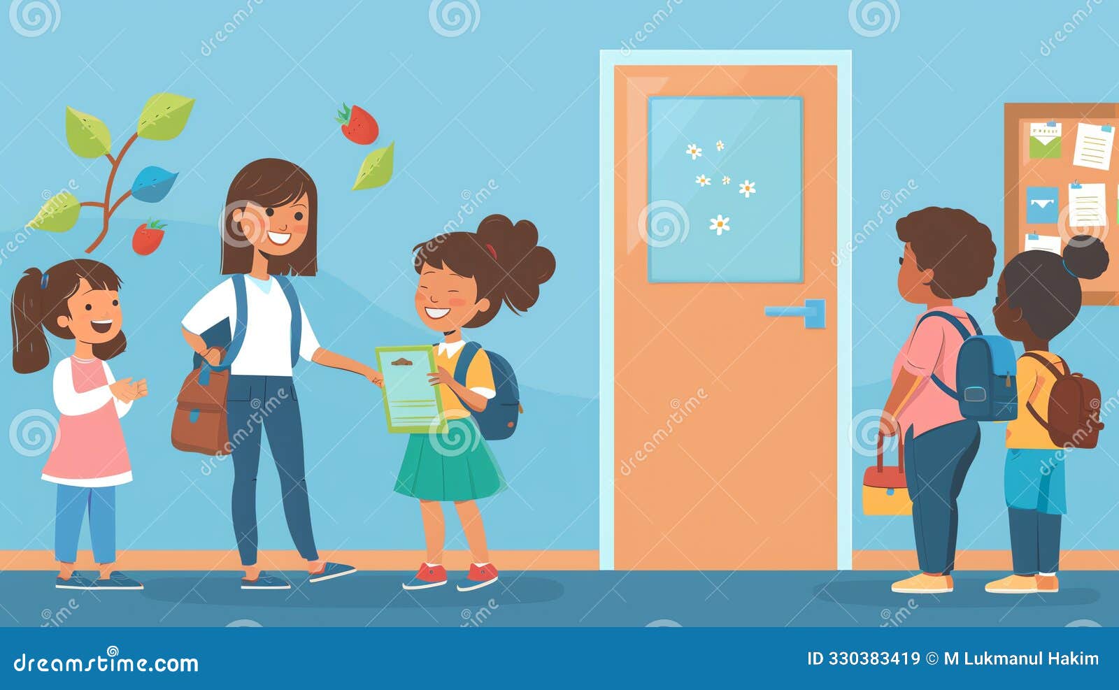 Teacher Greeting Students at Classroom Door with Smiles and Back Packs ...