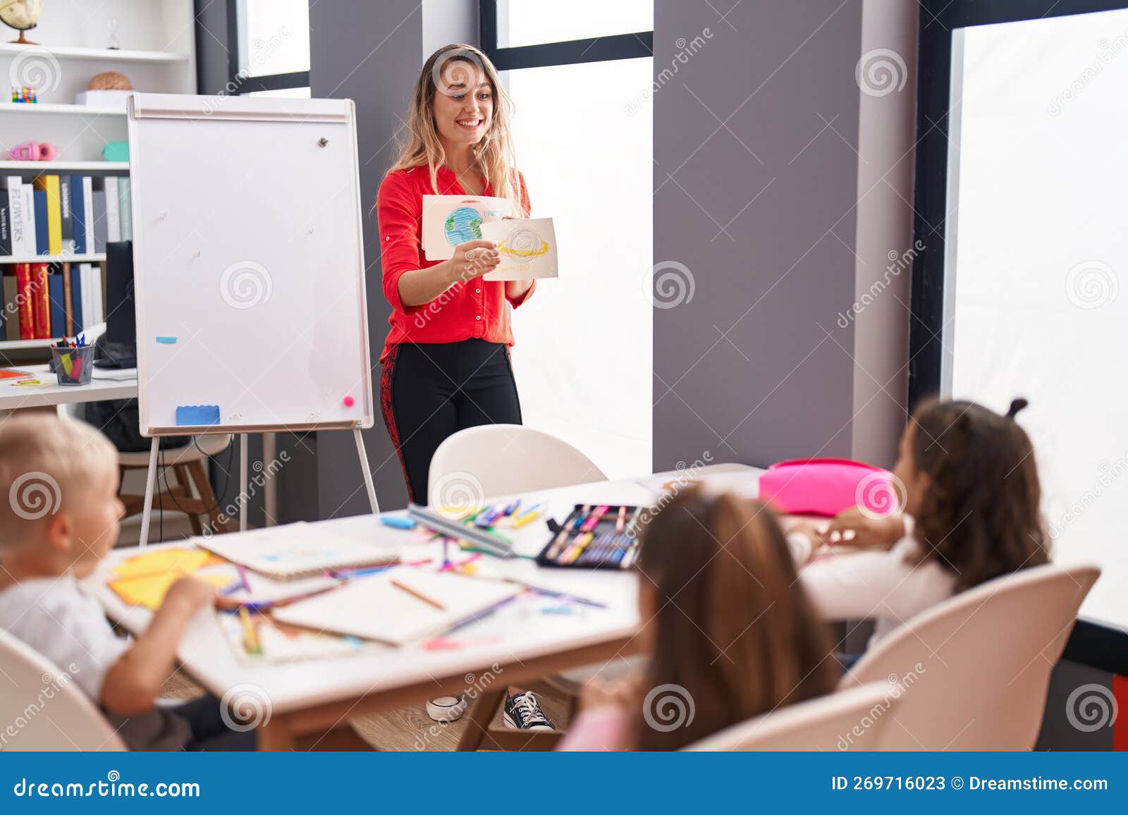 Teacher and Group of Kids Having Space Lesson at Classroom Stock Image ...