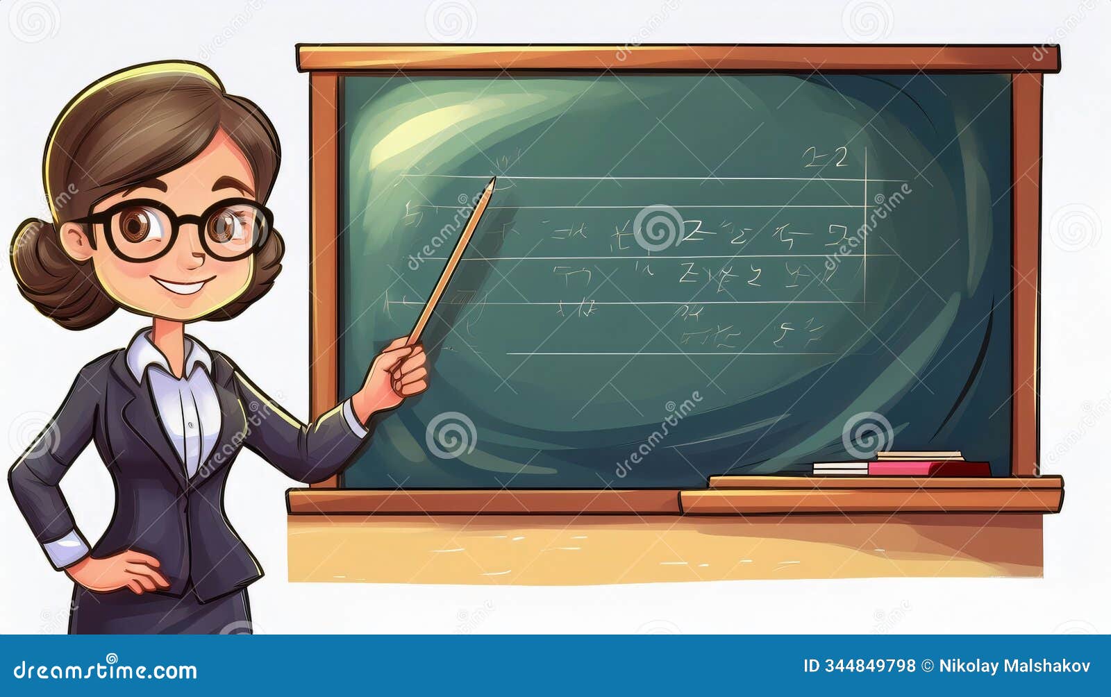 Teacher Happily Explaining Math Equations on Chalkboard in Classroom ...