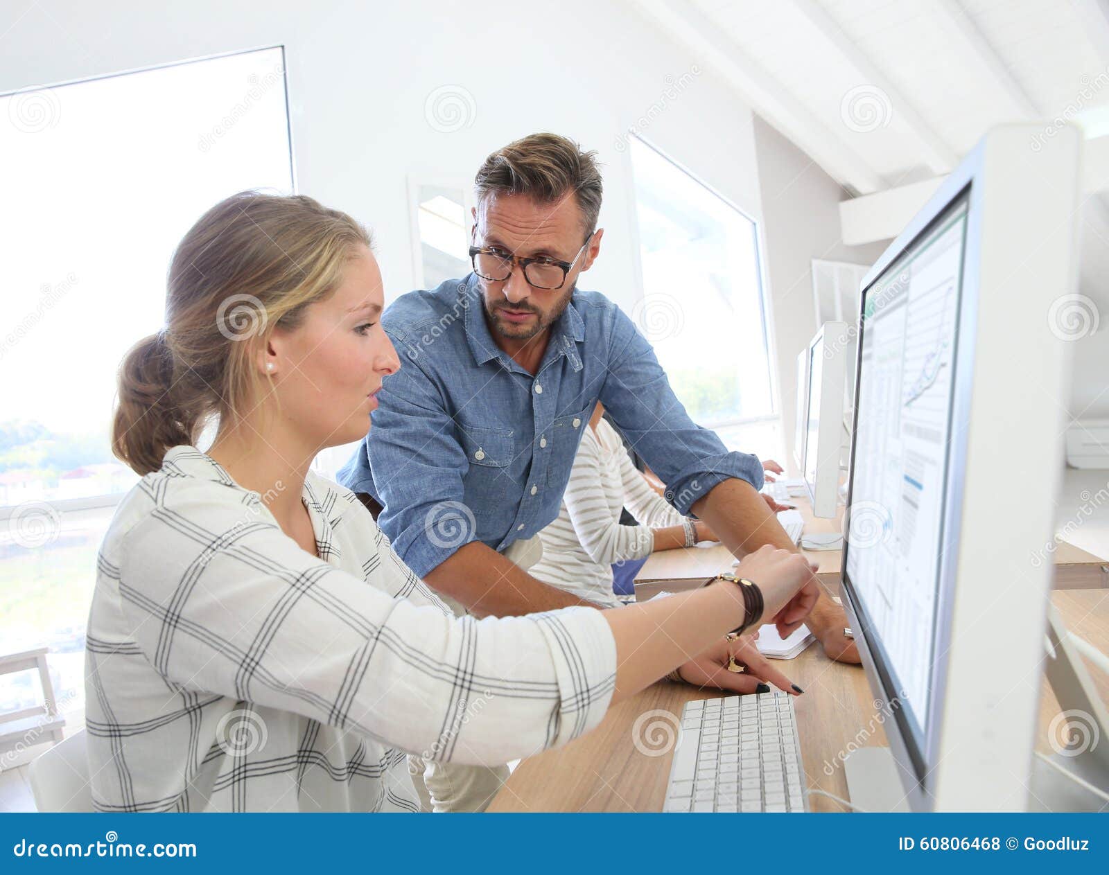 Teacher Helping Student Girl Working on Computer Stock Photo - Image of ...