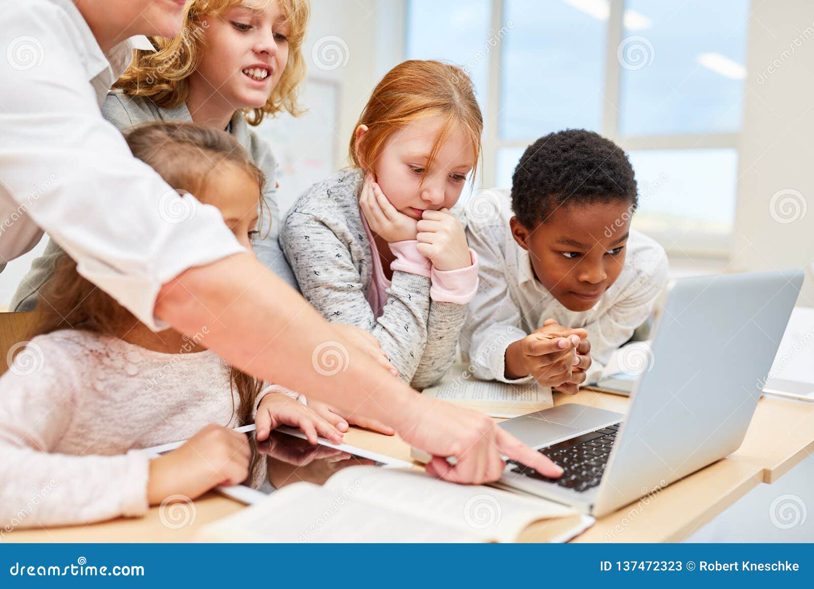 Teacher Helps with Work on Laptop Computer Stock Image - Image of child ...