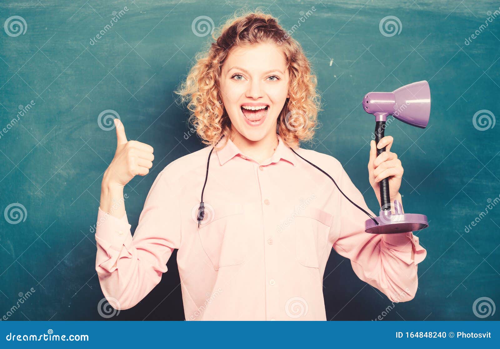 Teacher Hold Table Lamp Chalkboard Background. Bright Shiny Idea ...