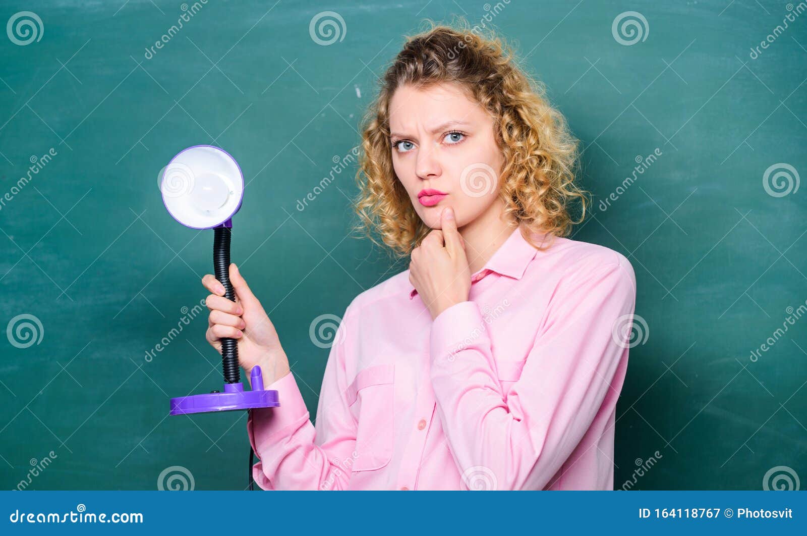 Teacher Hold Table Lamp in Hand Chalkboard Background. Creativity and ...