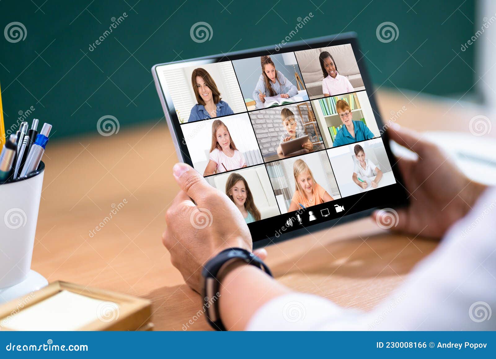 Teacher Hosting Online Class Using Video Conference Stock Photo - Image ...