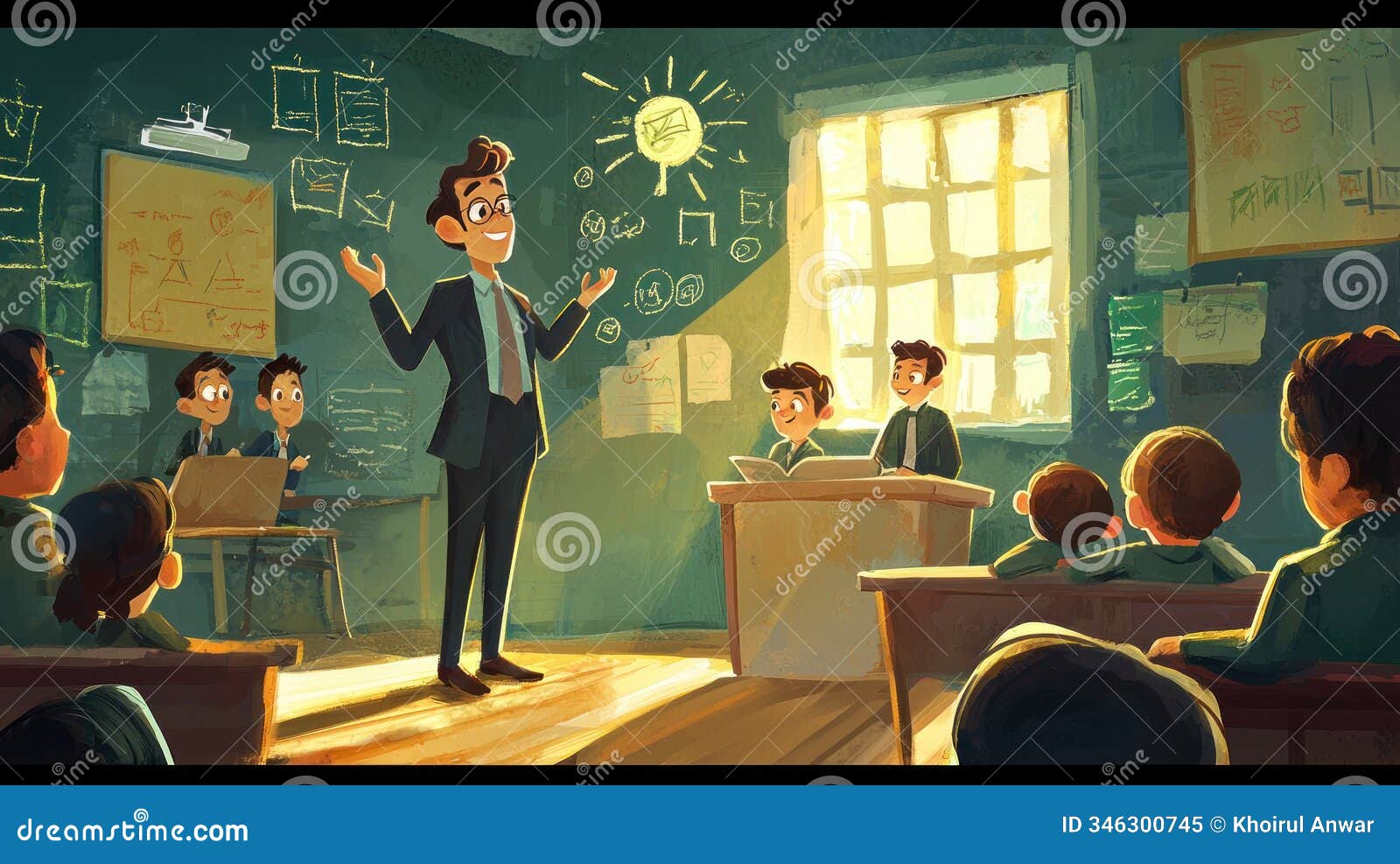 Inspiring Teacher Guiding Students In The Classroom Cartoon Vector ...