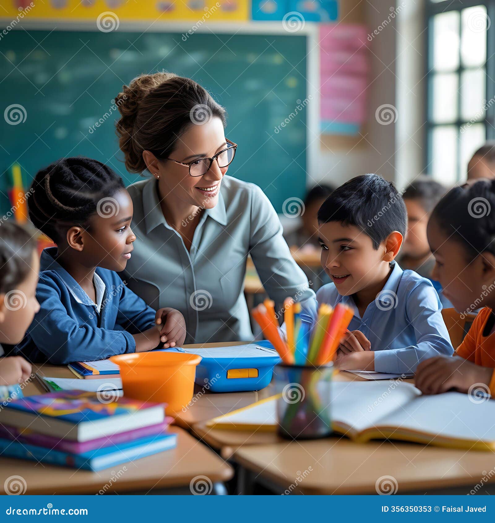 Teacher Interacting with Children in Classroom with Educational Tools ...