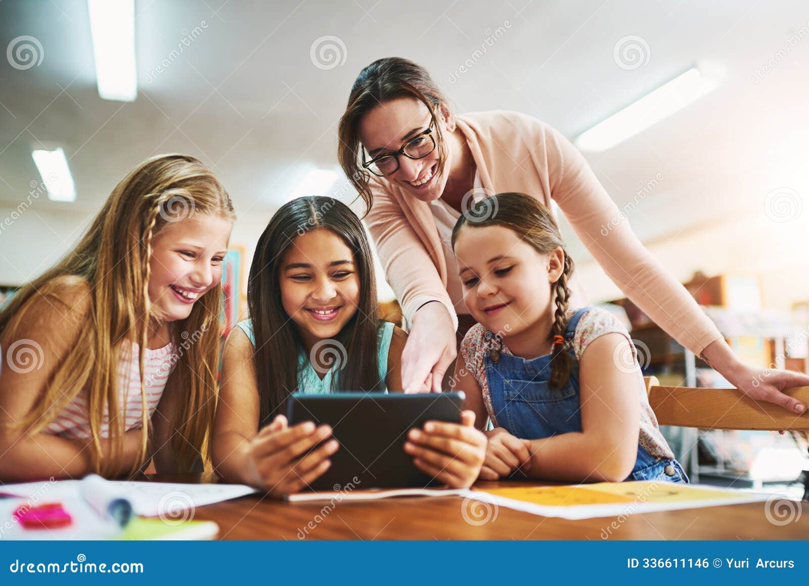 Teacher, Kids and Digital with Tablet for Education, Elearning and Math ...