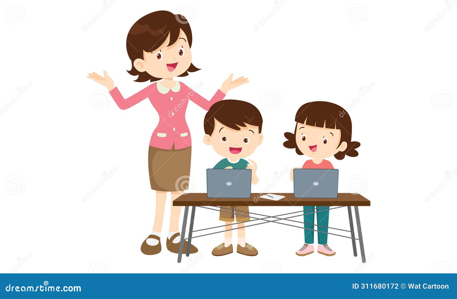 Teacher and Kids Learning Computer Technology Education Stock Vector ...