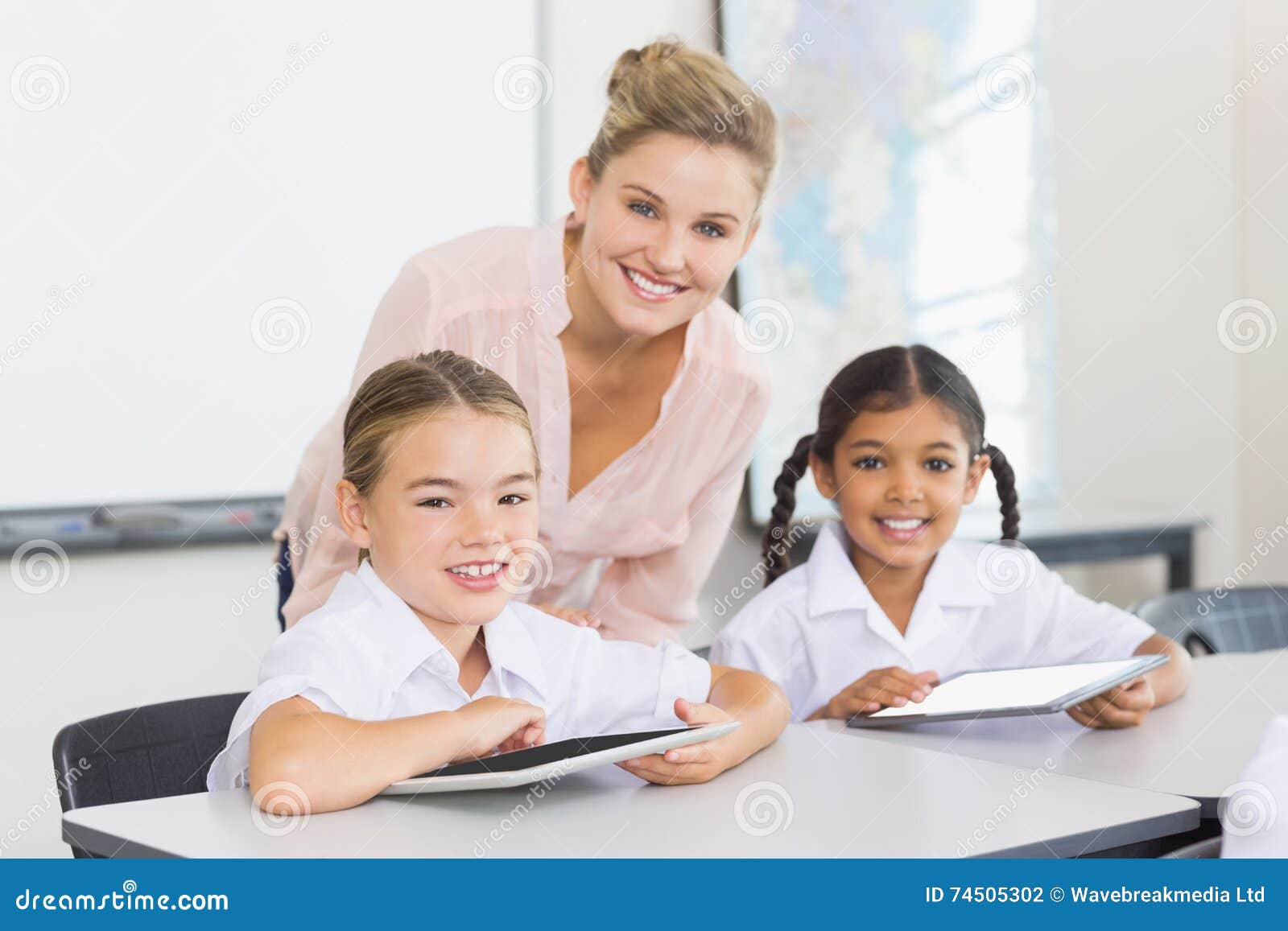 Teacher and Kids Using Digital Tablet Stock Photo - Image of female ...