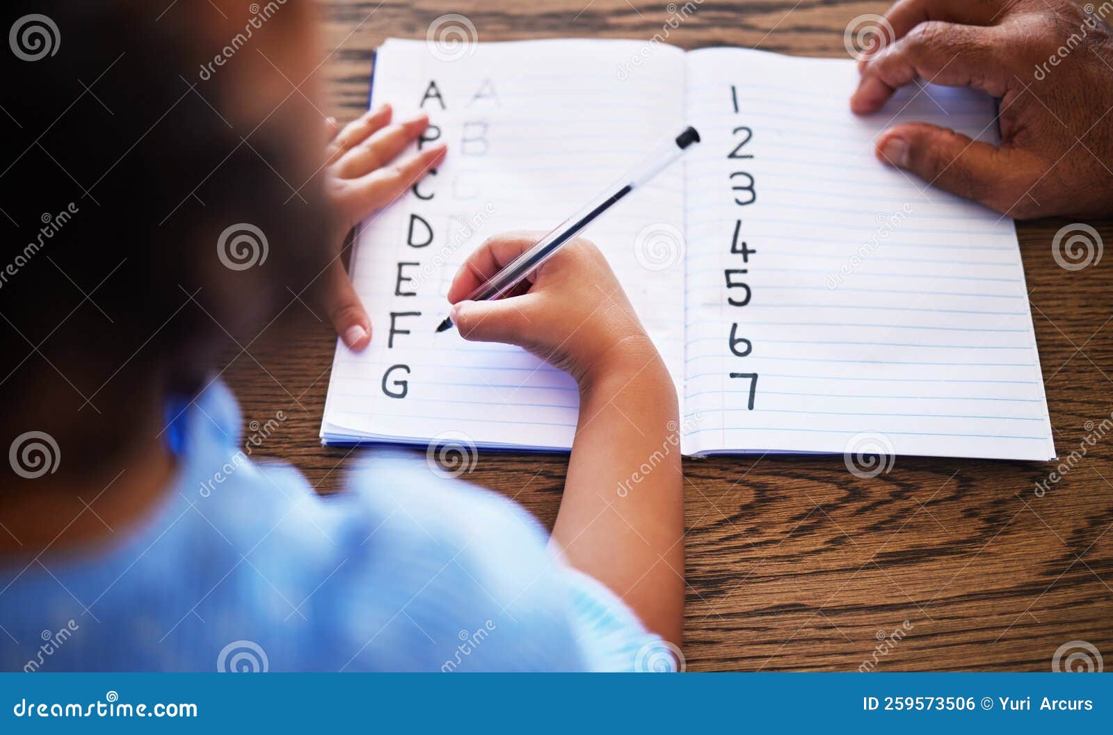 Teacher, Learning and Child Hands Writing in Book with Tutor for ...