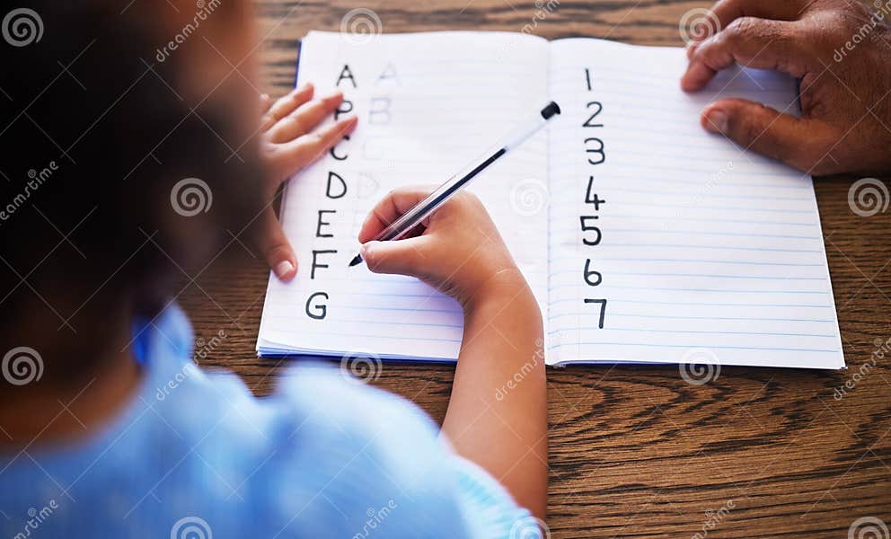 Teacher, Learning and Child Hands Writing in Book with Tutor for ...